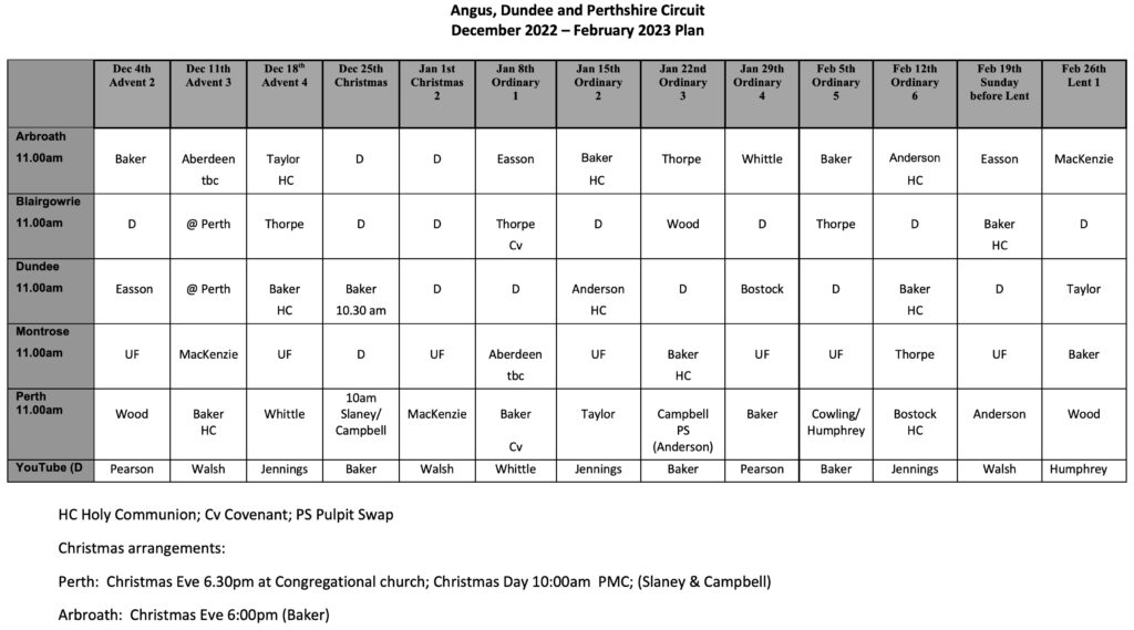 Preaching Plan December 2022 to February 2023 – Dundee Methodists